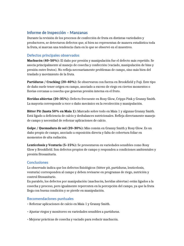 Informe de Defectos en Manzanas 2023 | PDF