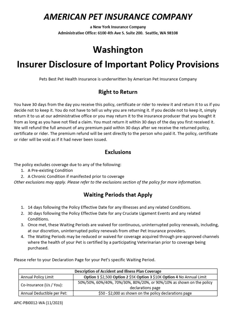 Washington Pet Insurance Policy Details | PDF | Arbitration | Insurance