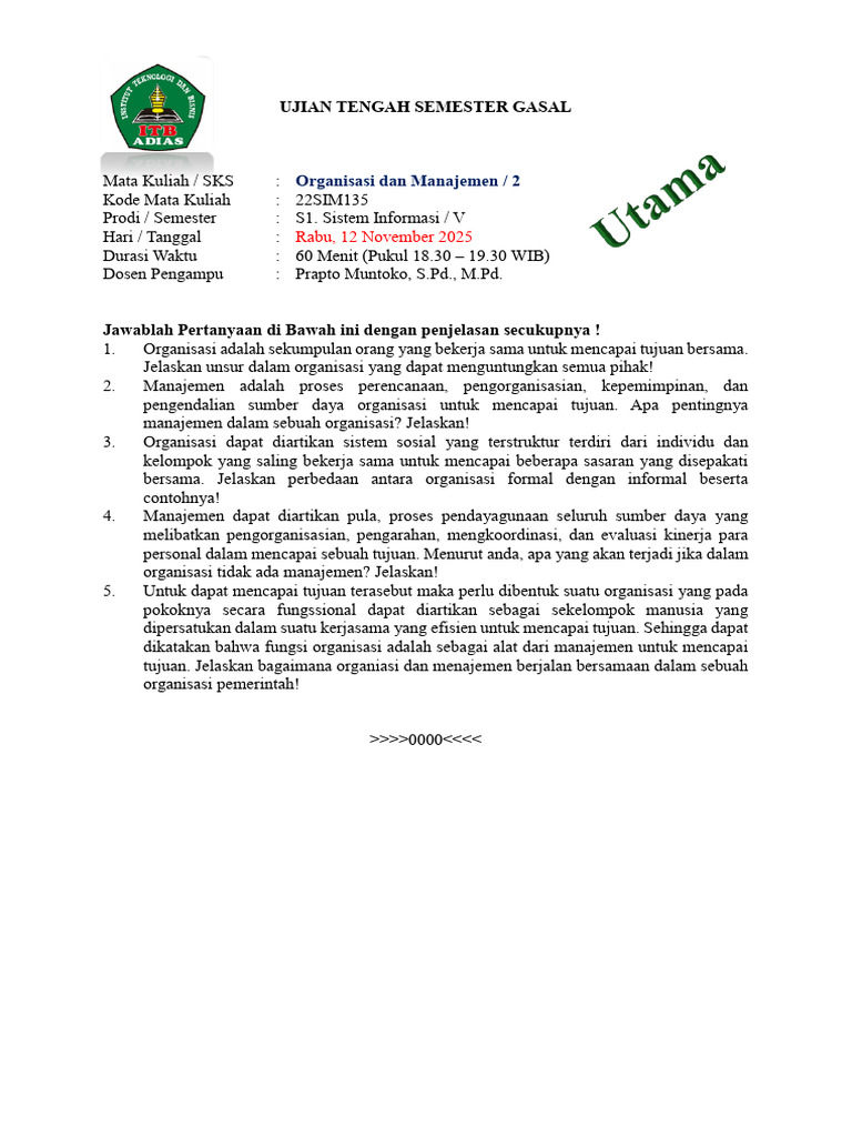 UTS Gasal Org Manajemen 12-11-25 | PDF