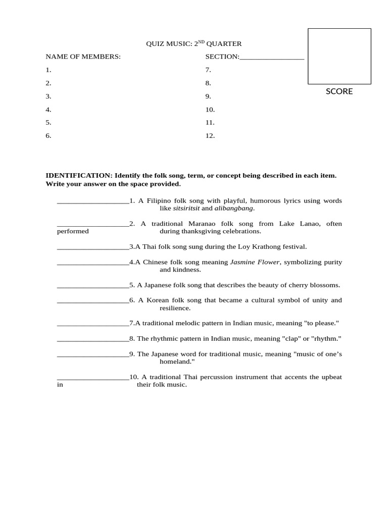 Folk Song Identification Quiz | PDF