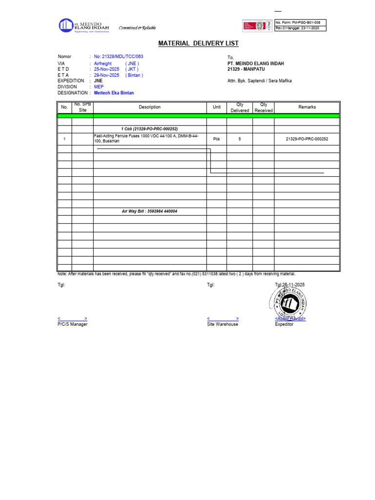 Material Delivery Confirmation for JNE | PDF