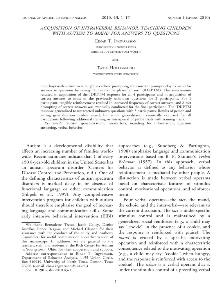 Acquisition of Intraverbal Behavior - Teaching Children With Autism To ...
