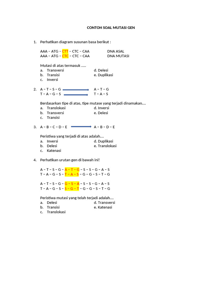 Contoh Soal Mutasi Gen dan Tipe-Tipenya | PDF