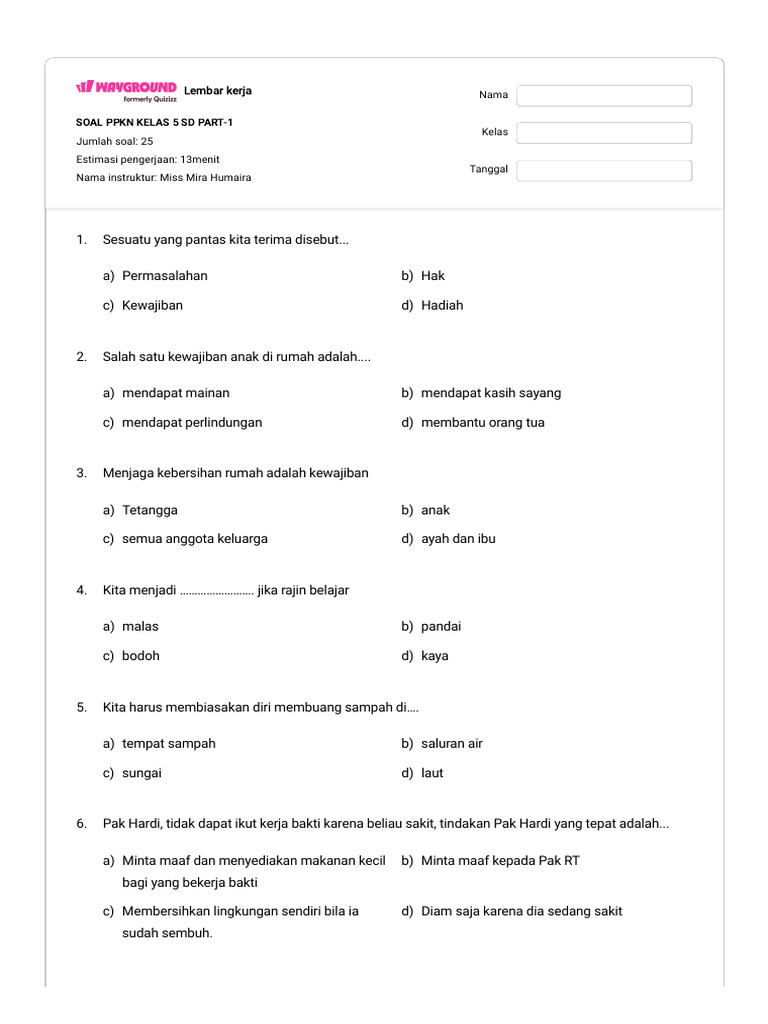 Soal PPKN Kelas 5 SD Part-1 - Wayground | PDF