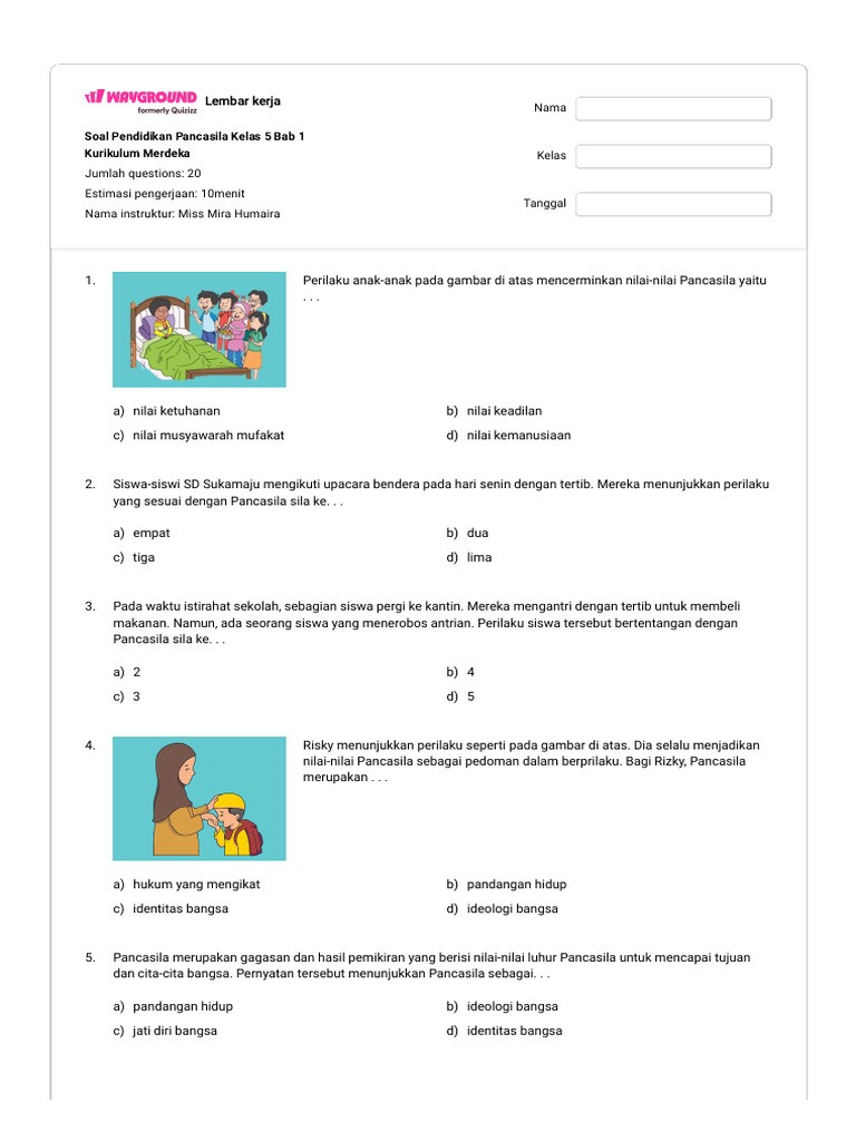 Soal Pendidikan Pancasila Kelas 5 Bab 1 Kurikulum Merdeka _ Wayground | PDF