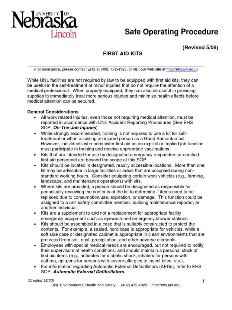 Safe Operating Procedure: (Revised 5/08) First Aid Kits | PDF | First ...