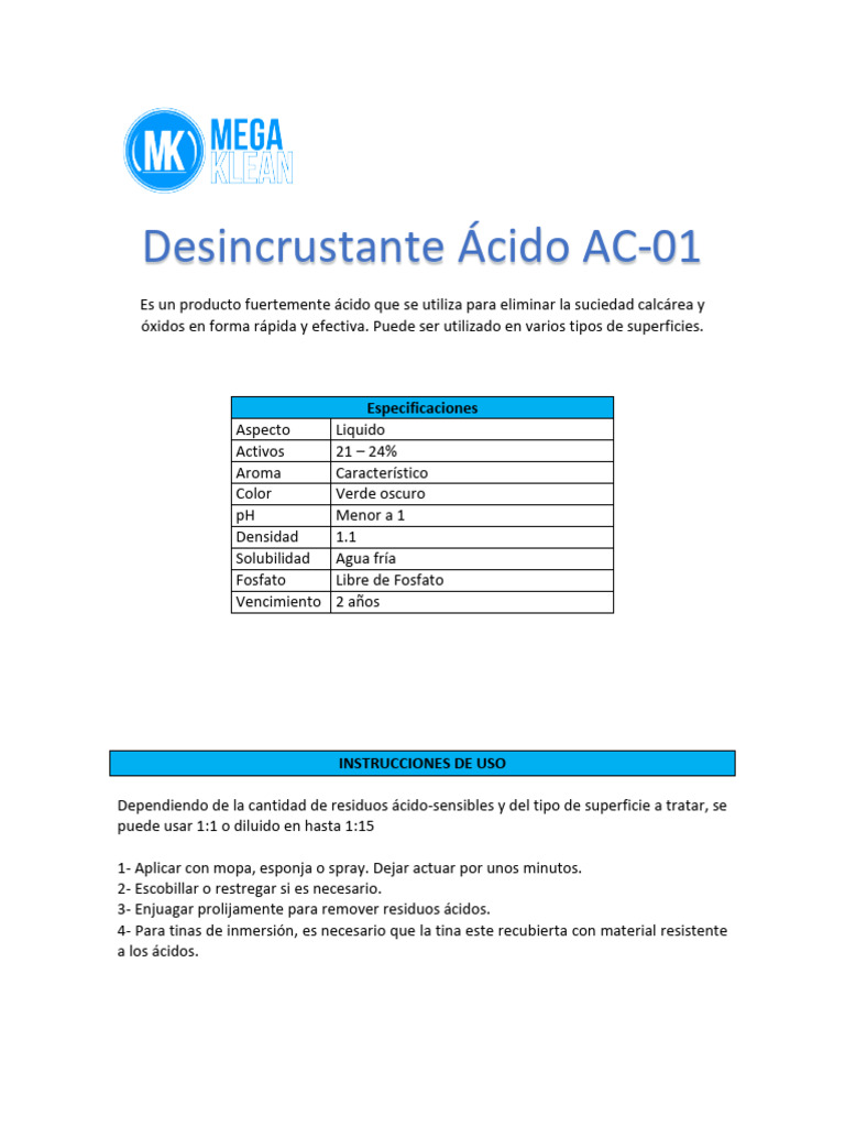 02 Ficha Técnica - Desincrustante Acido AC-01 | PDF