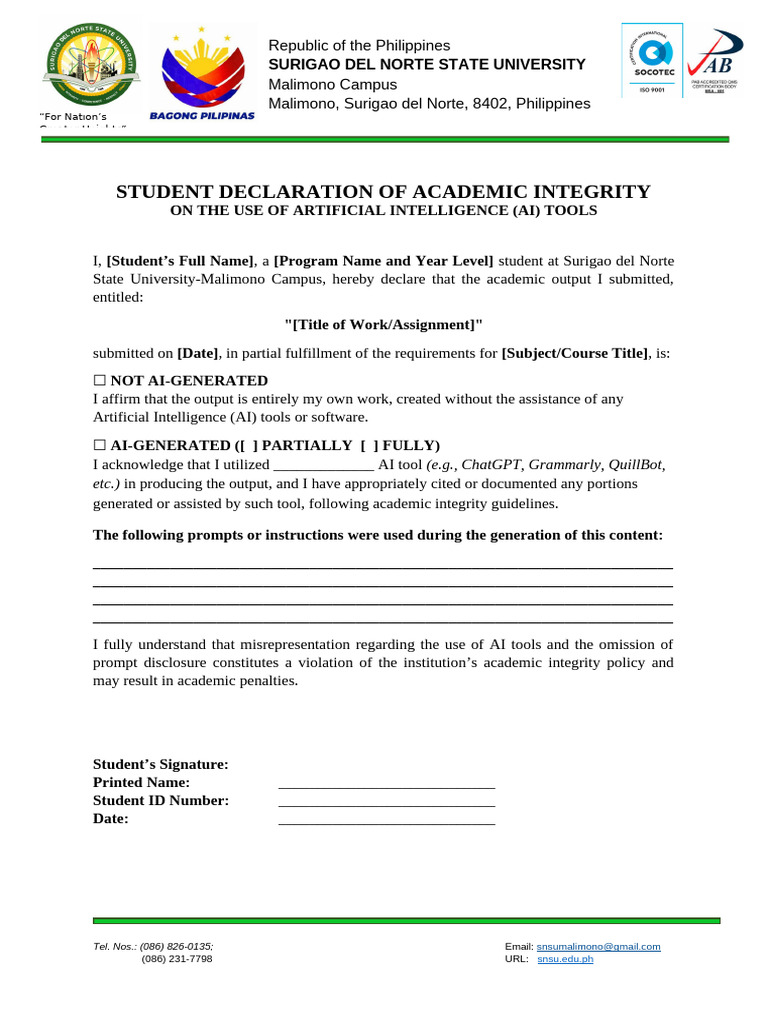 Student Declaration On Academic Integrity 084226 | PDF