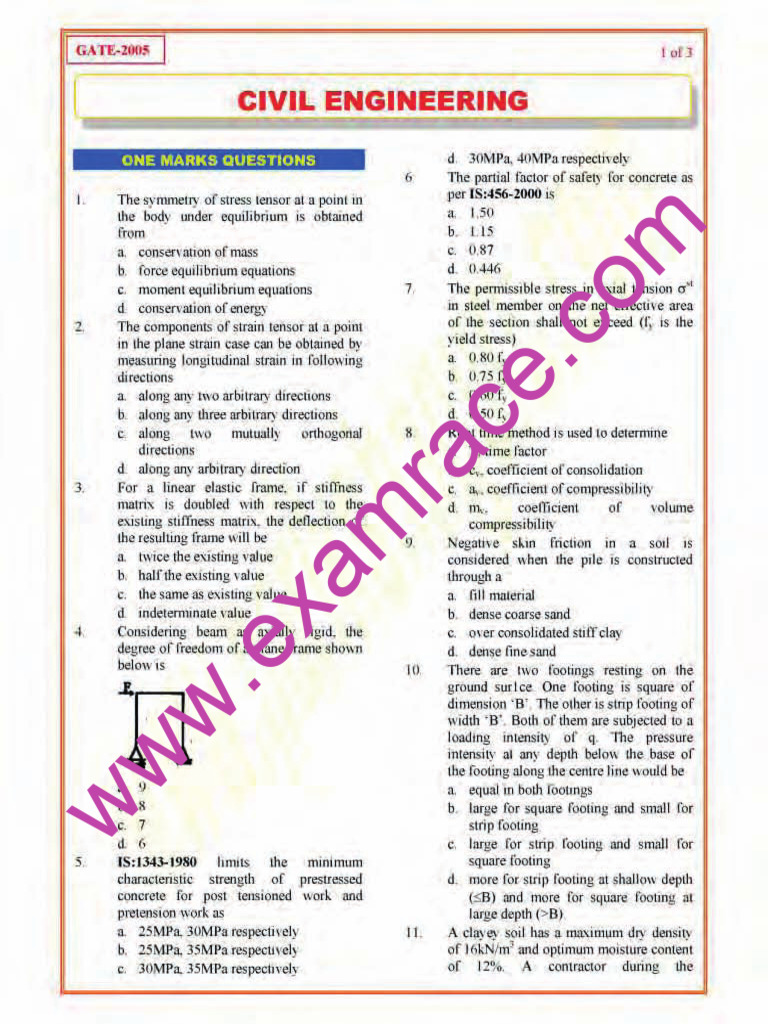 Civil Engineering One Mark Questions | PDF | Stress (Mechanics ...