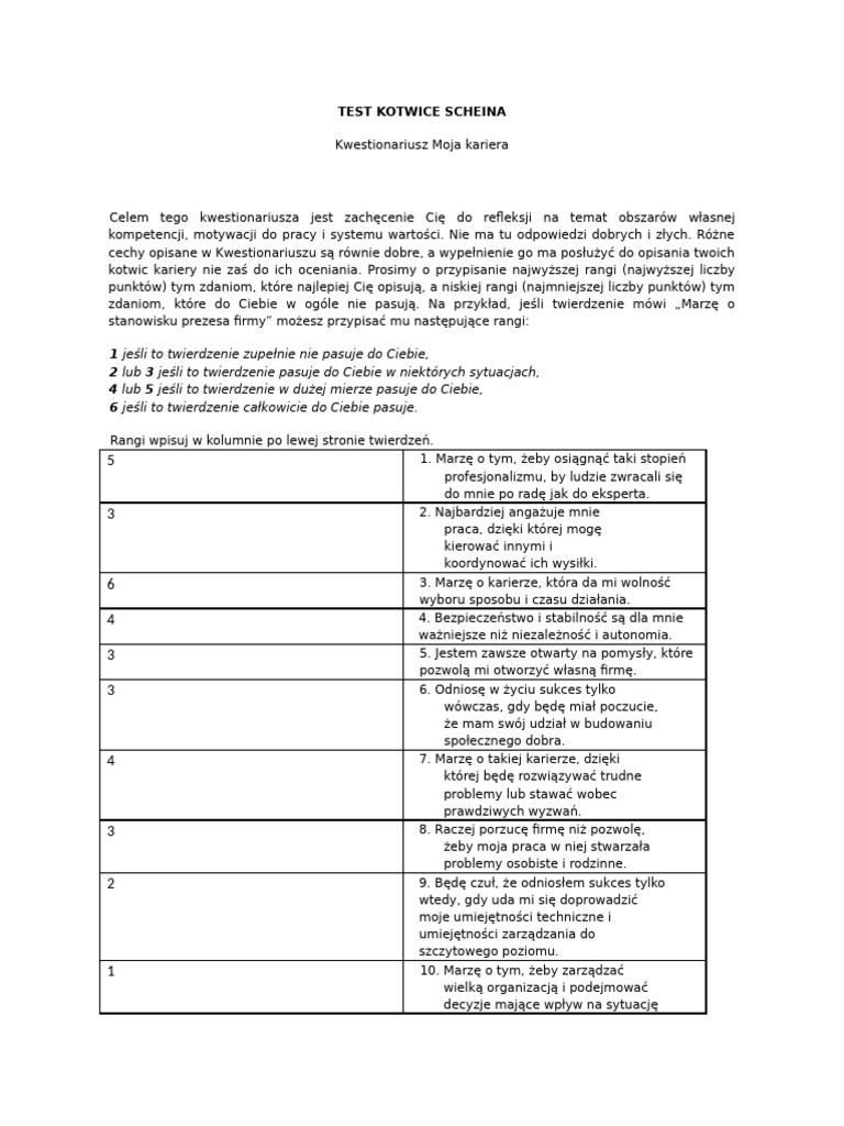 Test Kotwice Scheina | PDF