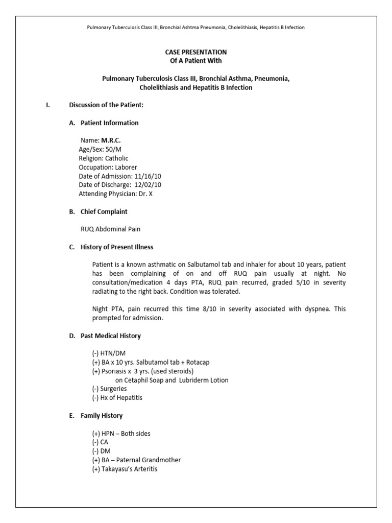 Patient Case: TB, Asthma, Hepatitis B | PDF | Pneumonia | Asthma
