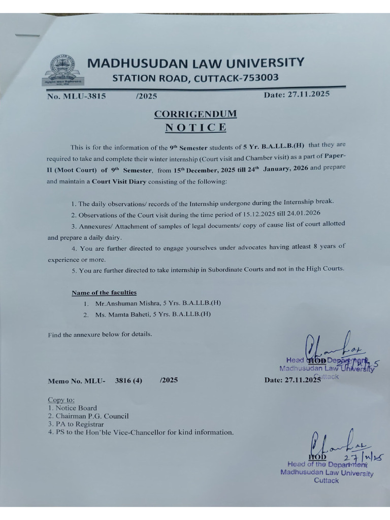 Corrigendum Notice for Court Visit and Winter Internship | PDF