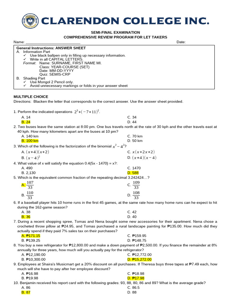 CRP Math Semis | PDF | Rectangle | Matrix (Mathematics)