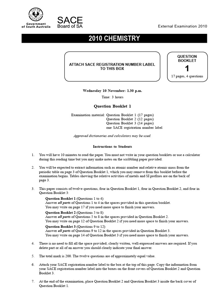 2010 Chemistry Exam Instructions | PDF | Chlorine | Carbohydrates