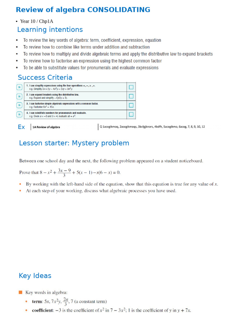 Year 10 Algebra Review Guide | PDF