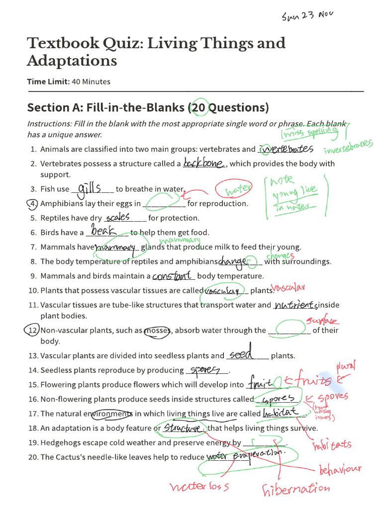 Textbook Quiz: Living Things and Adaptations | PDF