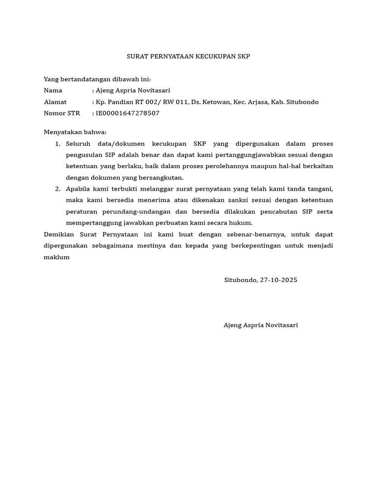 Surat Pernyataan Kecukupan SKP Ajeng Aspria Novitasari_2 | PDF