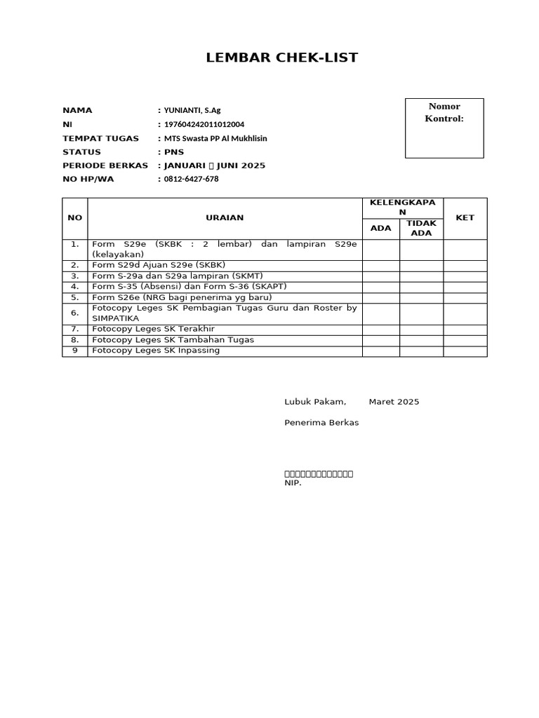 Lembar Ceklist TPG - Yunianti | PDF