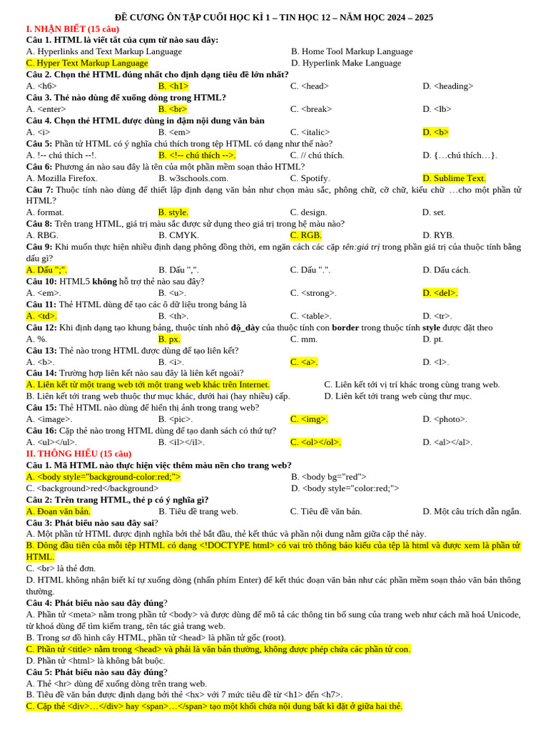 Đề Cương CK1 Tin Học 12 - Đáp Án | PDF