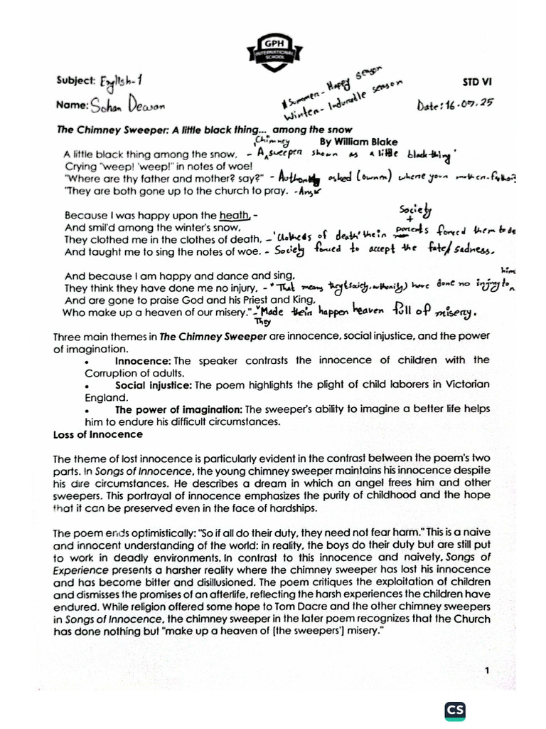 The Chimney Sweeper - Songs of Experience | PDF