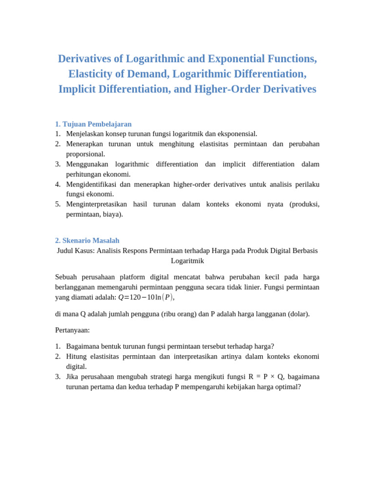 Derivatives of Logarithmic and Exponential Functions, Elasticity of ...
