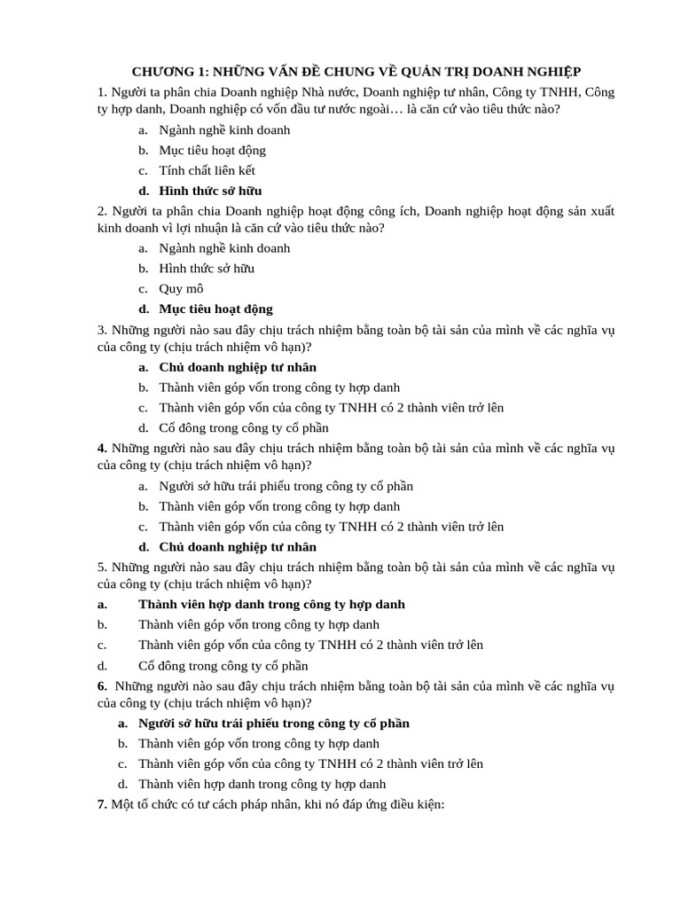 Chương 1. Những vấn đề chung về QTDN_ Câu hỏi TN | PDF