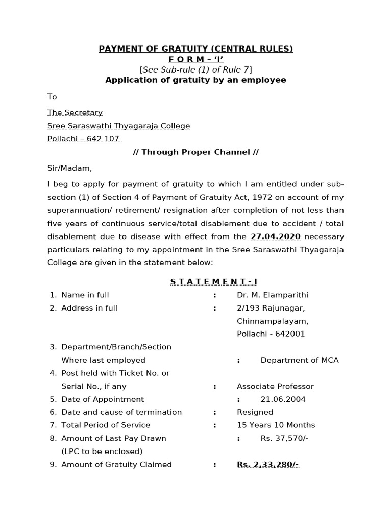 Gratuity Payment Application Form | PDF