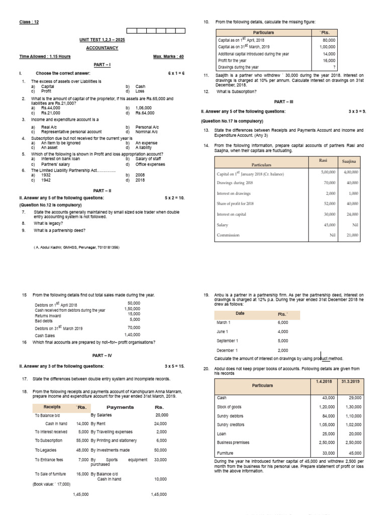 12 Acc. Unit Test 1,2,3 - EM | PDF | Expense | Financial Economics