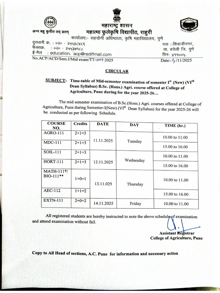 Time Table of Mid Sem - Exam of 1 (New) (VI Dean Syllabus) Year 2025-26 | PDF