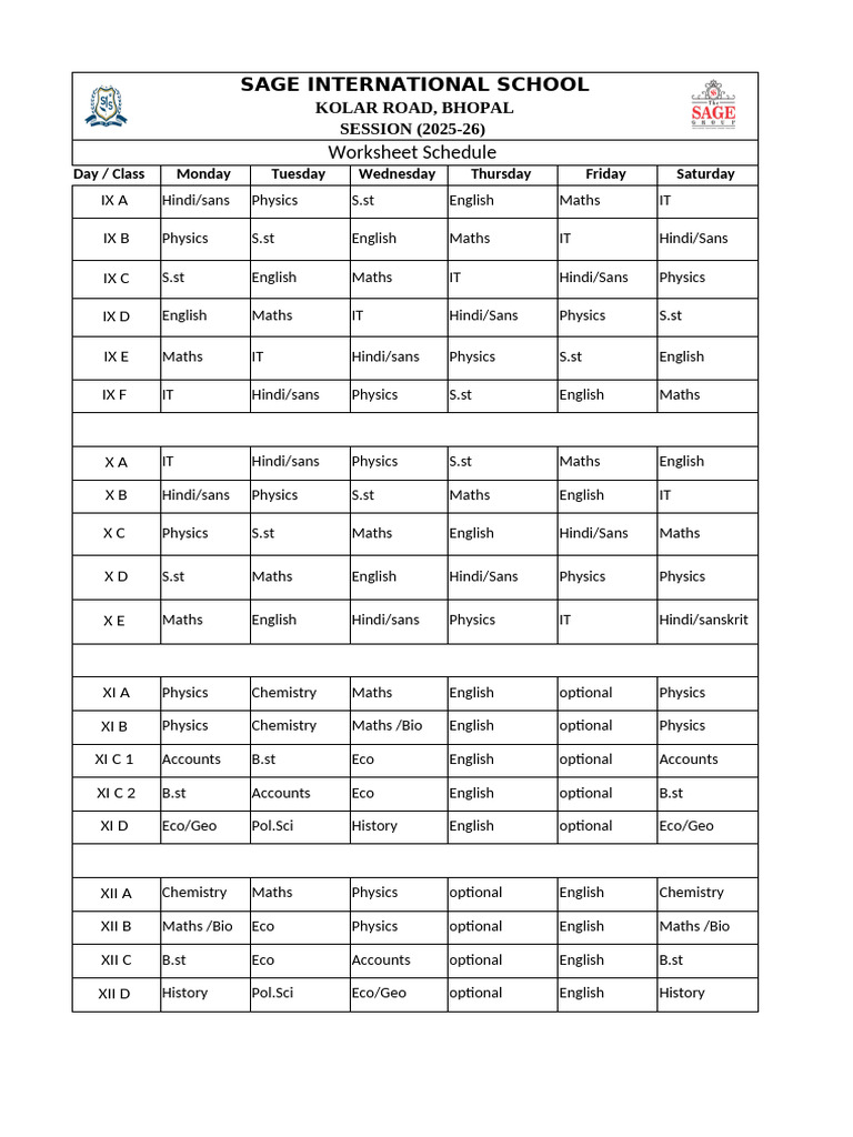 Worksheet Schedule | PDF