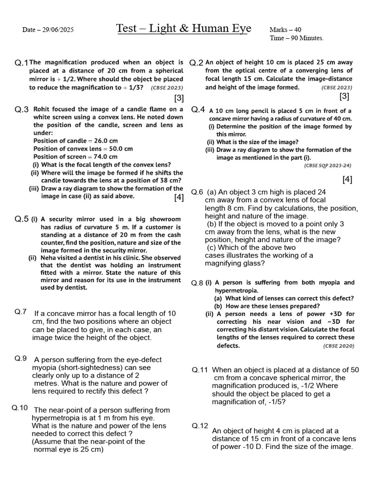Test - Light & Human Eye 28062025 | PDF | Lenses | Glass Engineering ...