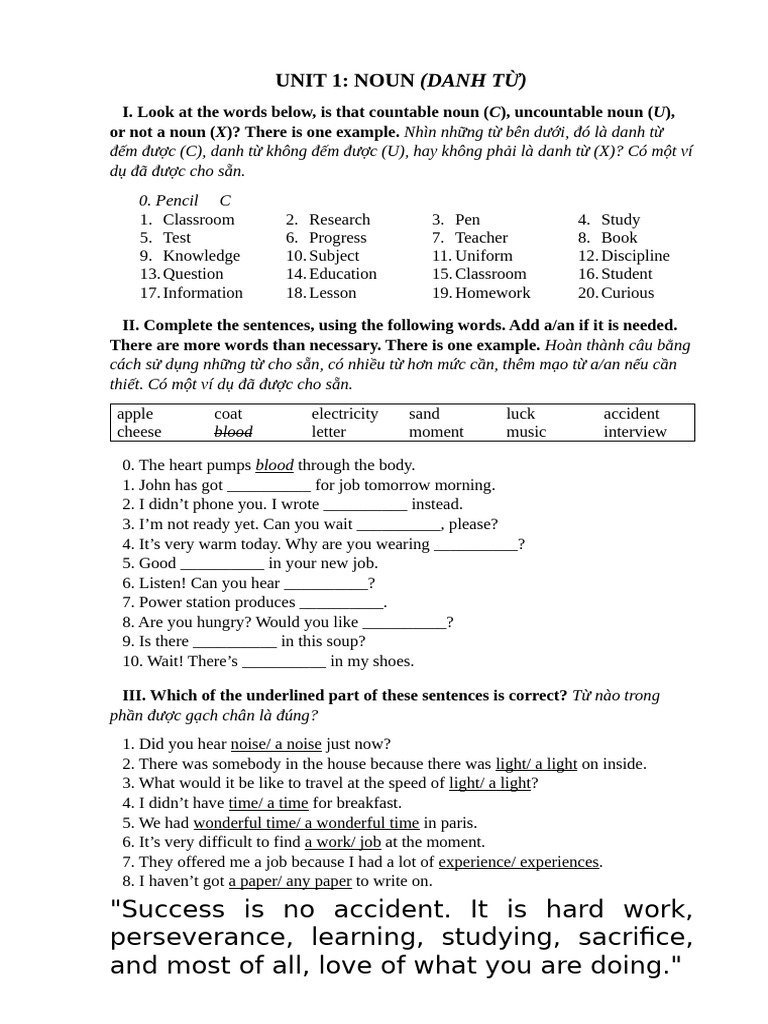 Countable Noun & Uncountable Noun Review | PDF