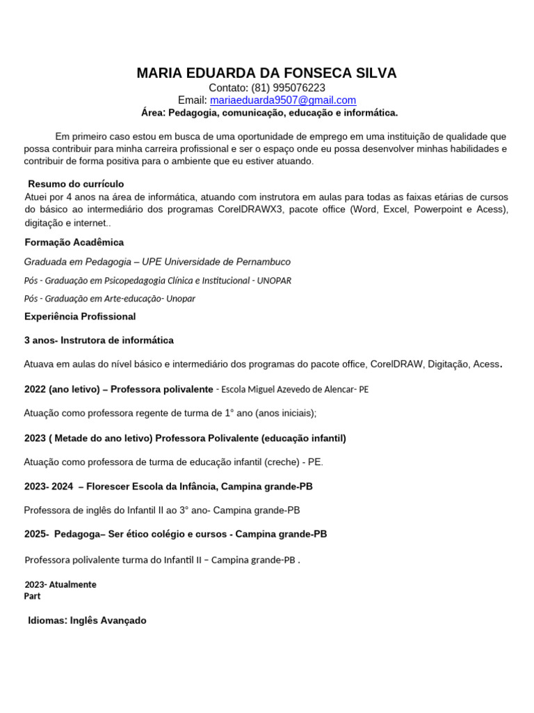 Cv Maria Eduarda Pedagogia | PDF