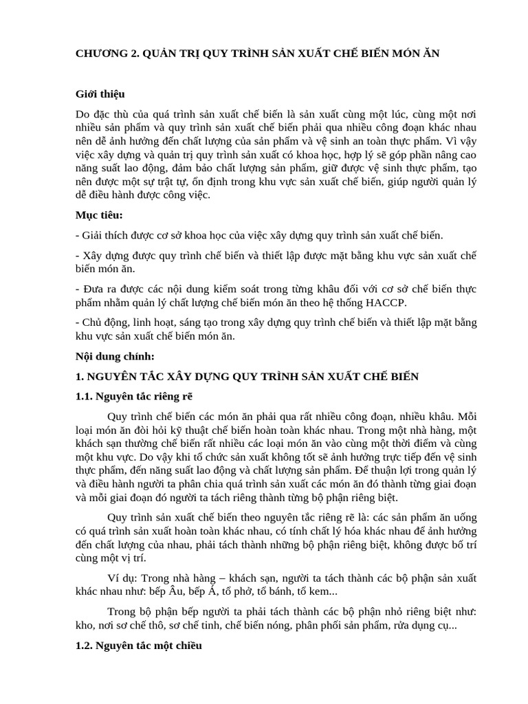 Chương 2- Quản trị quy trình chế biến món ăn (theo đề cương) | PDF