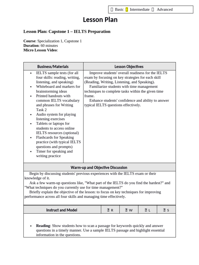 Capstone 1 Lesson Plan | PDF | International English Language Testing ...
