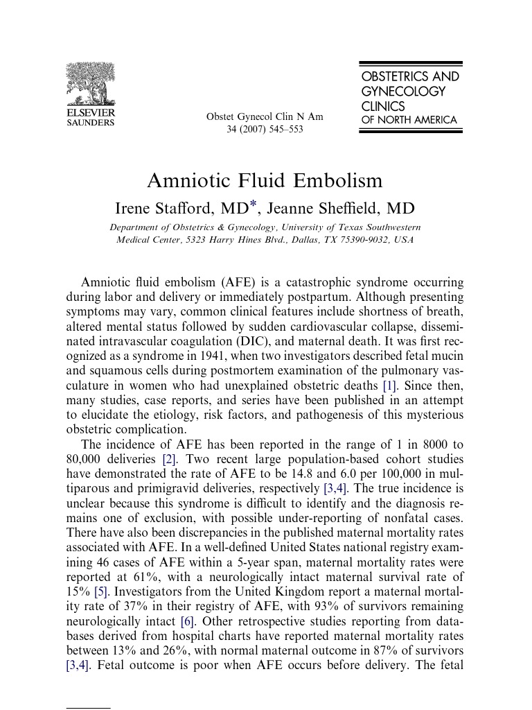 Amniotic Fluid Embolism: Irene Stafford, MD, Jeanne She Eld, MD | PDF ...