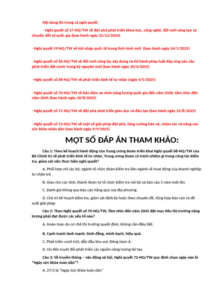Đáp án gợi ý Thi tìm hiểu các NQ năm 2025 | PDF