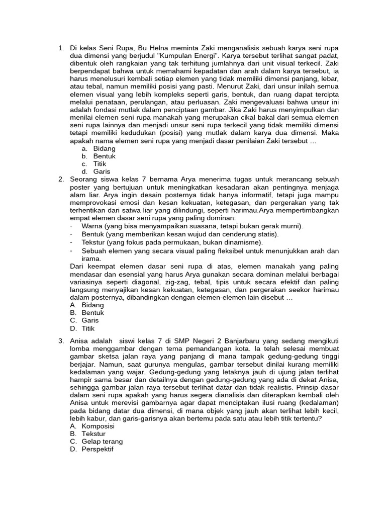 Soal Ulangan Harian Seni Rupa Dasar Kelas 7 Semester 1 | PDF