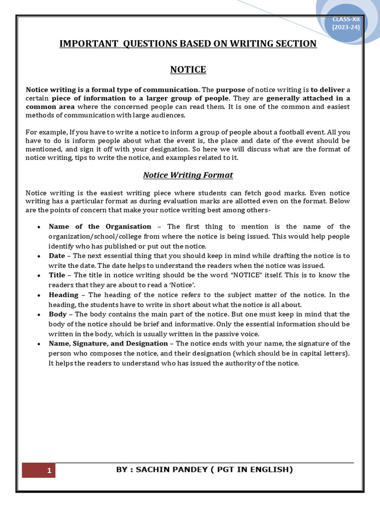 Notice Writing Guide for Class XII | PDF | Tourism | Writing