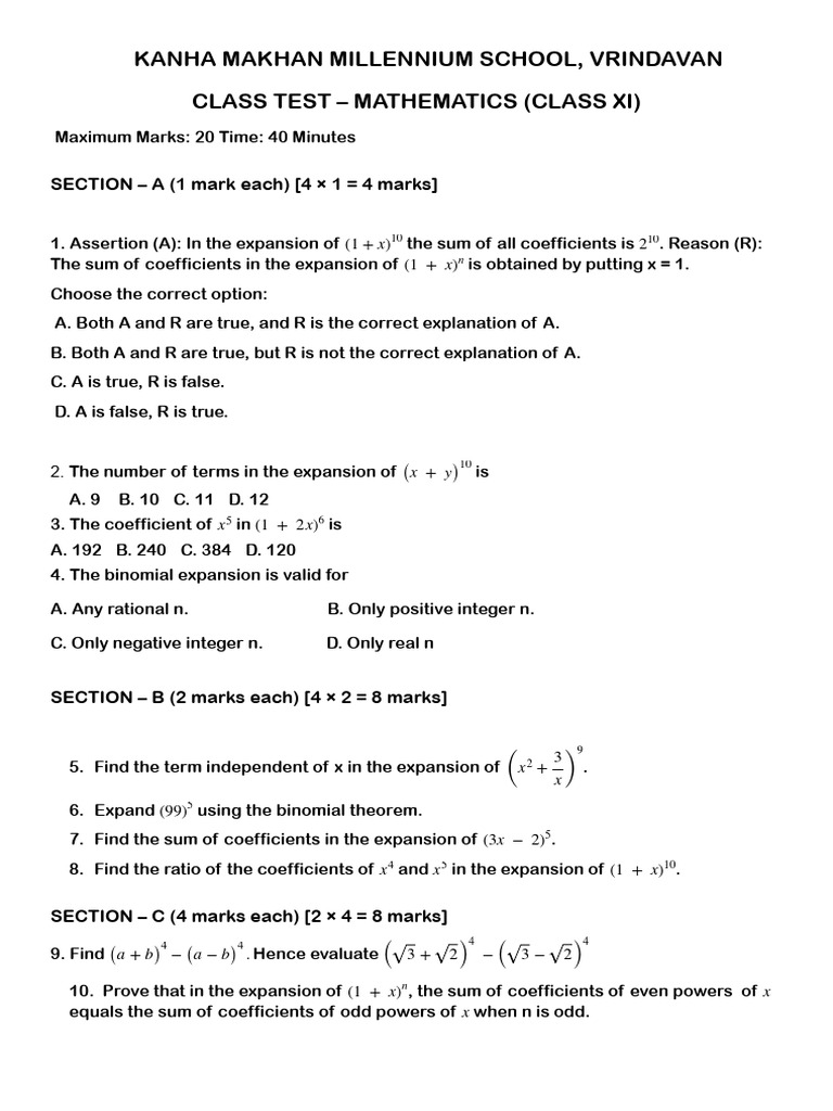 Class XI Mathematics Test - Kanha School | PDF