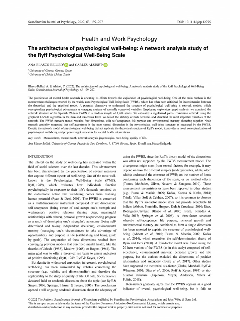 The Architecture of Psychological Well Being - A Network Analysis Study ...