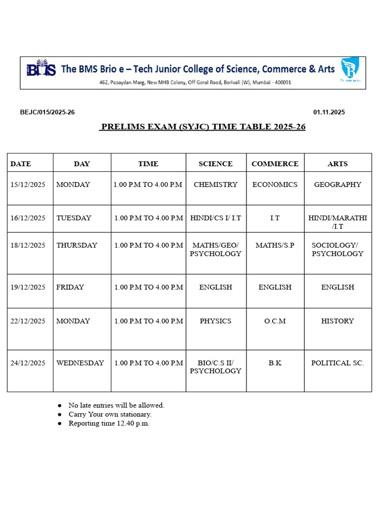 SYJC Prelims Exam Timetable 2025-26 | PDF