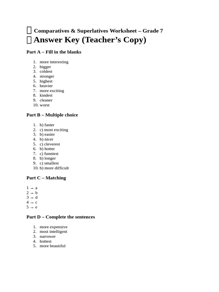 Comparatives & Superlatives Worksheet - Keys | PDF