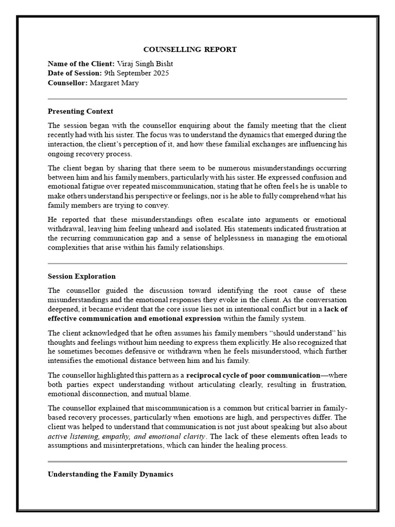 Counselling Report Viraj 09.11.25 | PDF | Communication | Empathy