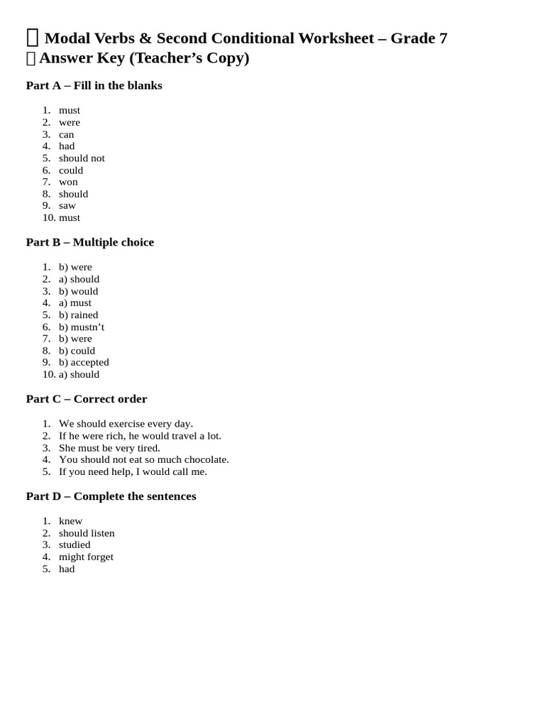 Modal Verbs & Second Conditional Worksheet - Keys | PDF