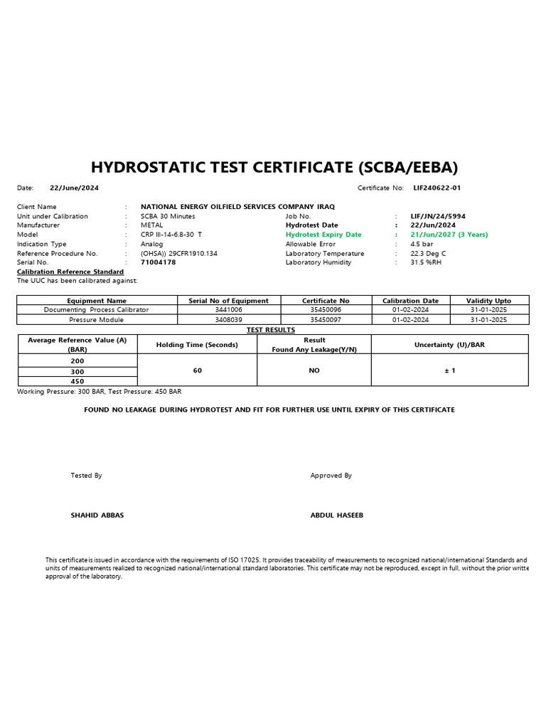 LIF240622-01 SCBA Hydrotest 71004178 | PDF | Calibration | Quantity