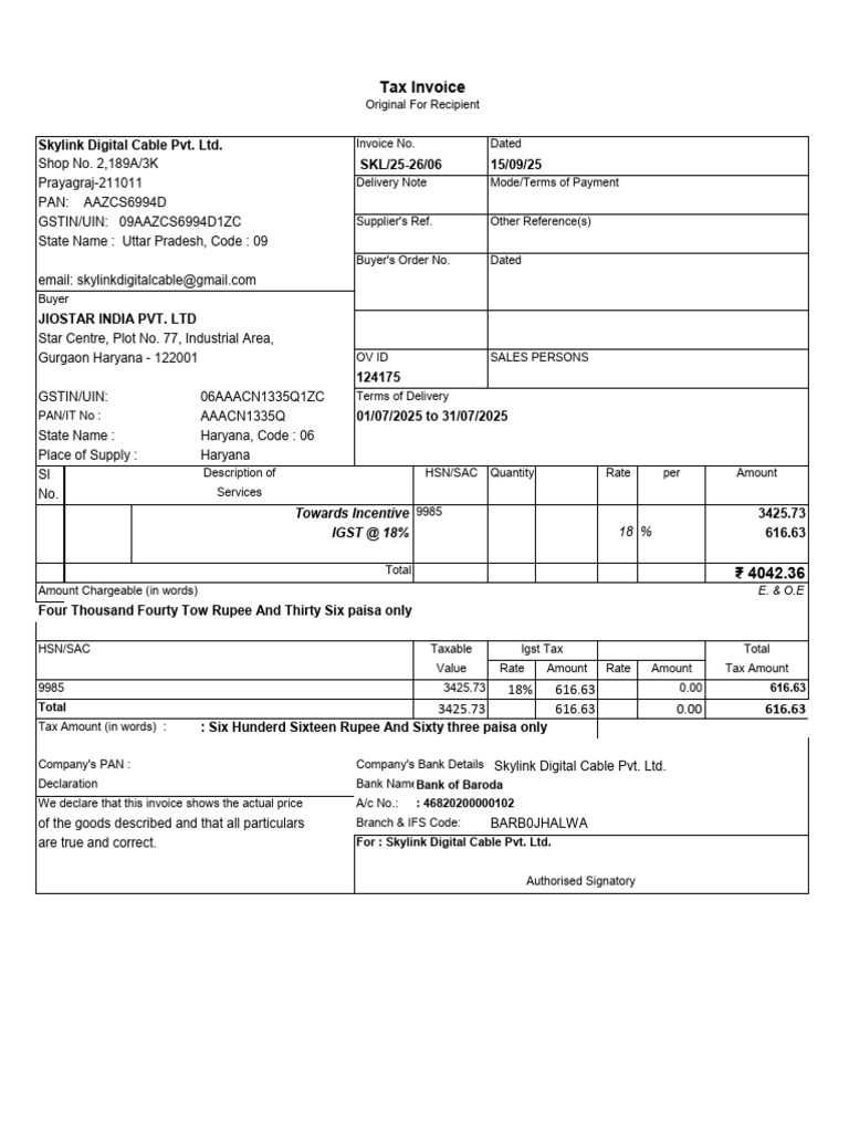 JUL-2025 INV Skylink Incentive Invoice July25 | PDF | Taxation ...