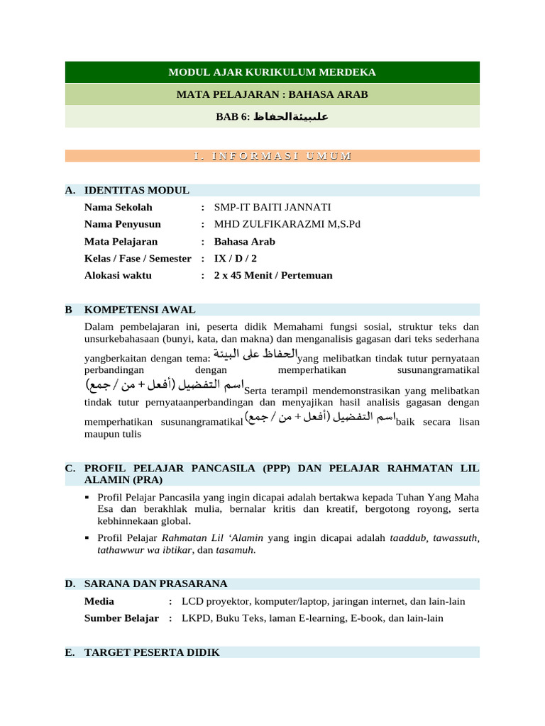 Modul Ajar Bahasa Arab Kelas 9 Bab 6 | PDF