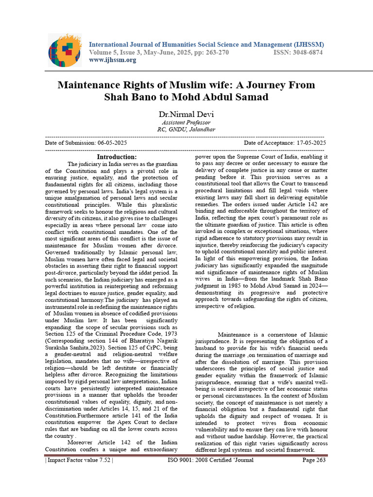 Maintenance Rights of Muslim Wife A Journey From Shah Bano To Mohd ...