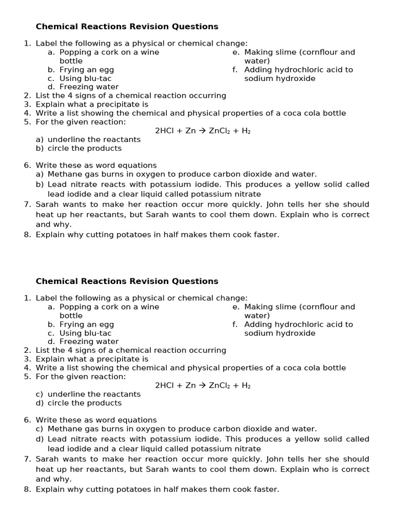 Chemical Reactions Revision Questions | PDF
